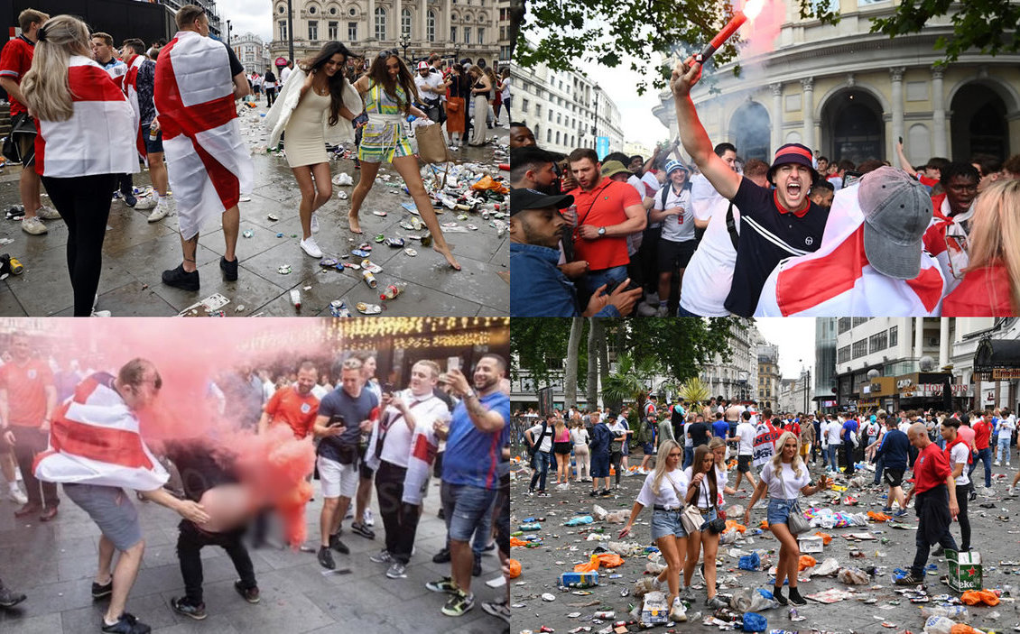 Hooligans en Wembley con bengalas prendidas en el trasero para Final