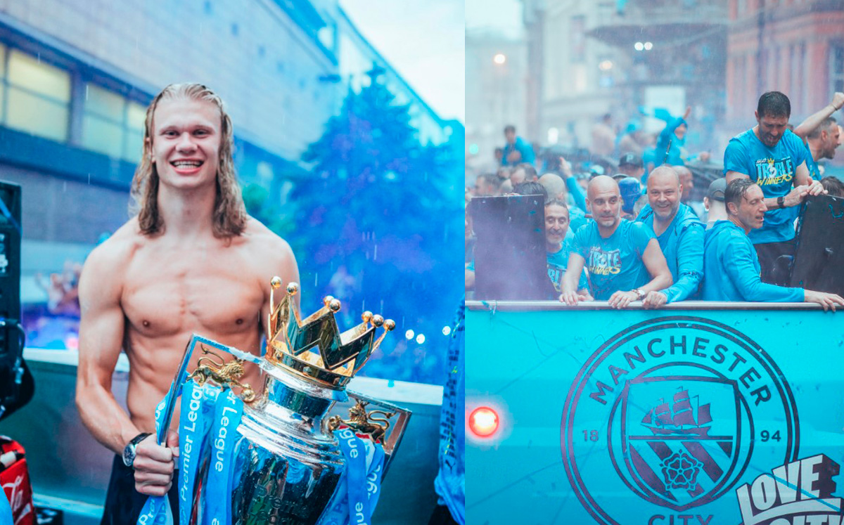 Desafían la lluvia en Manchester para celebrar la Champions del City
